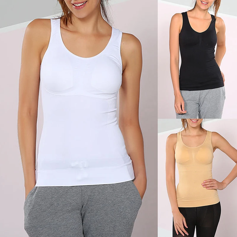 Women Tummy Control Tank Tops Removable Pads Bra Comfort Camisole ...