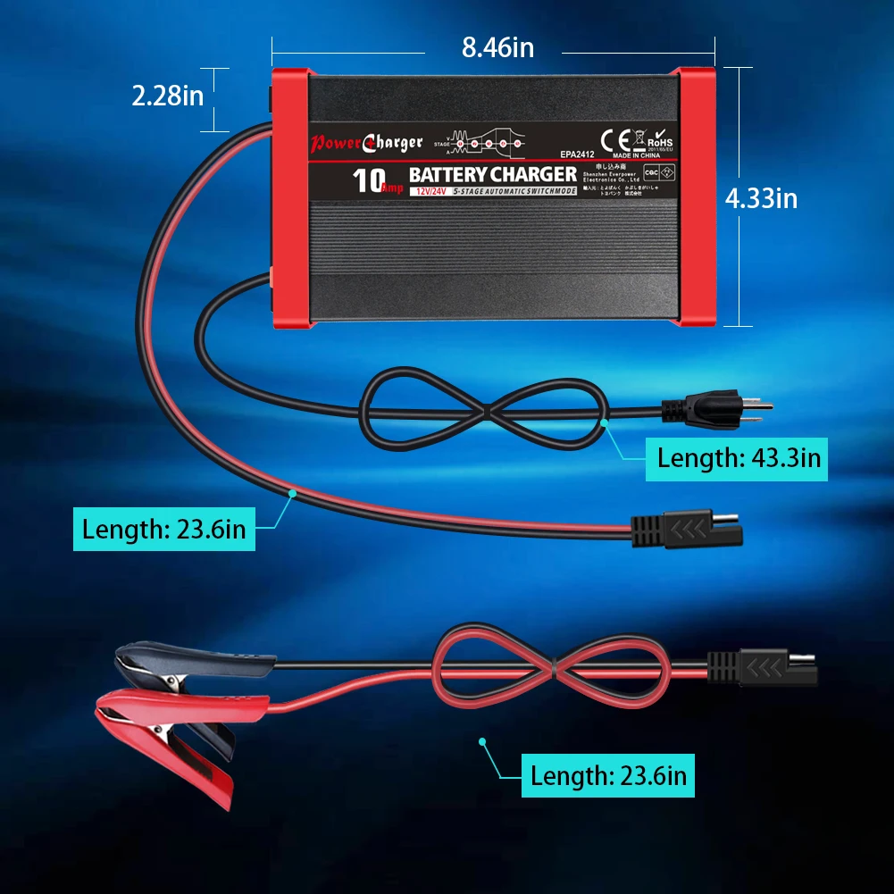12V 24V 10A Battery Charger with Desulfation - EVERPOWER