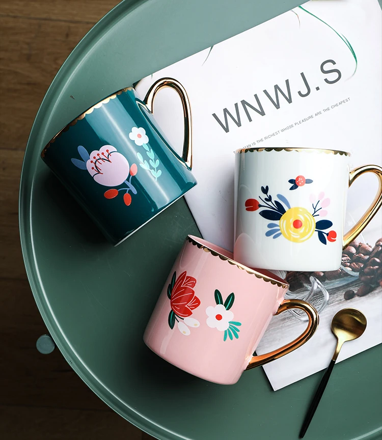 Wholesale Gloss Flower Ceramic Customized Porcelain Gold Handle Coffee ...