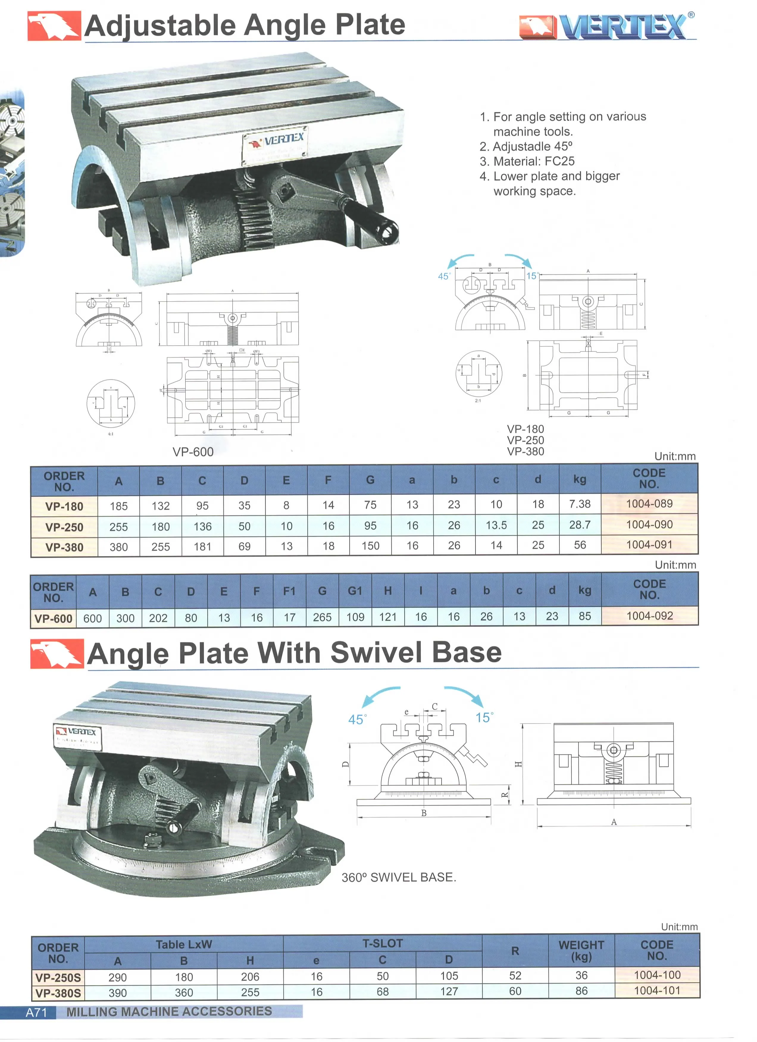 Taiwan Vertex VP-250 Adjustable Angle Plate for Vertical Milling ...