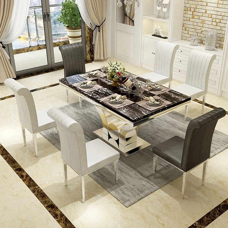 Stainless Steel Dining Table Set with Marble Base
