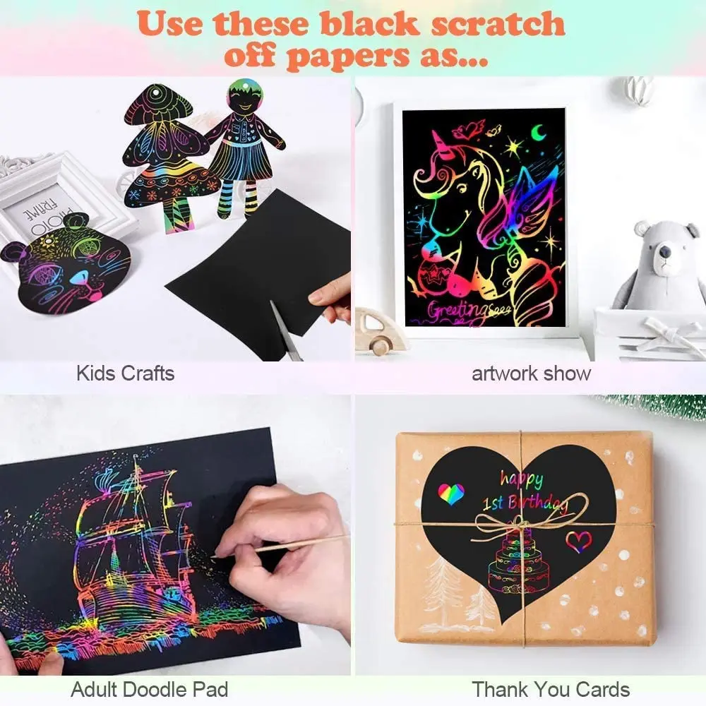 Scratch Paper Art Set,100 Sheets Rainbow Card Scratch Art,Black Scratch ...