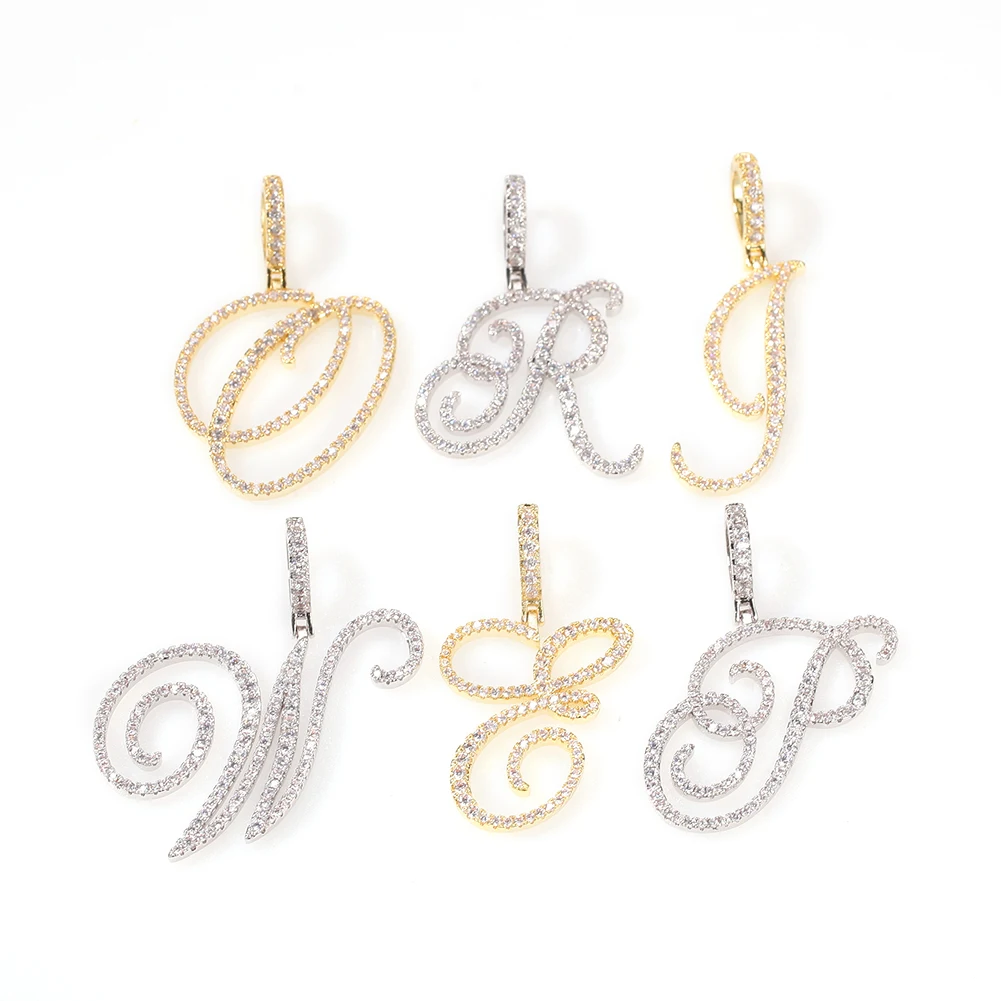 Iced Out Cursive Script Letter Pendant Necklace Alphabet