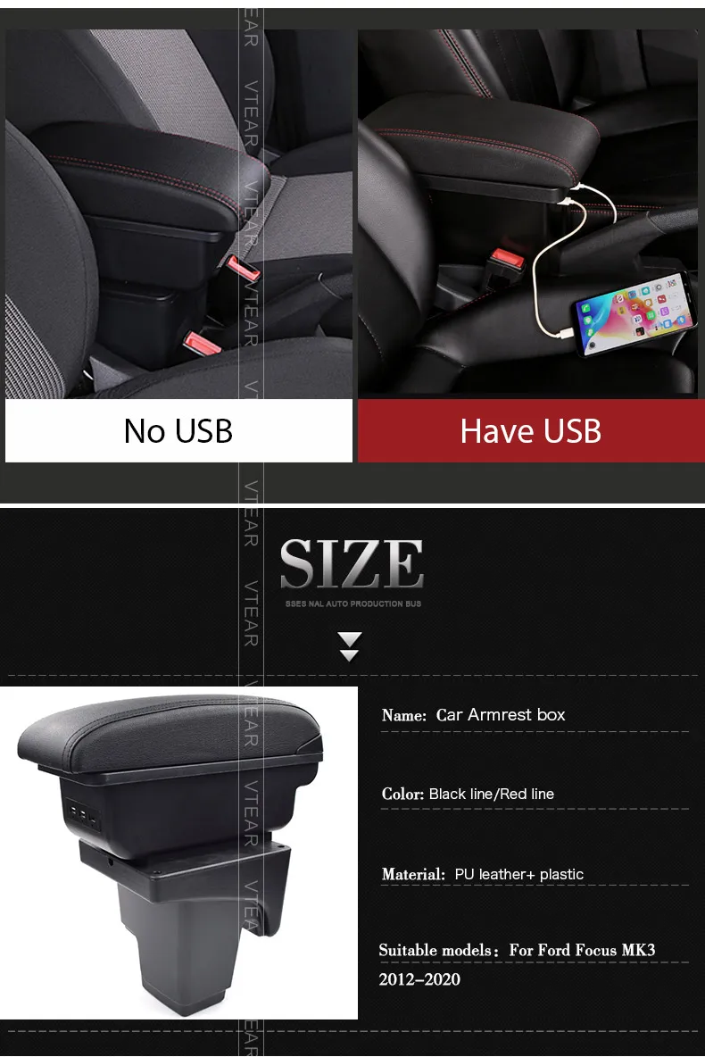 Vtear For Ford Focus 3 Mk3 Armrest Box Usb Charging Interface Heighten ...