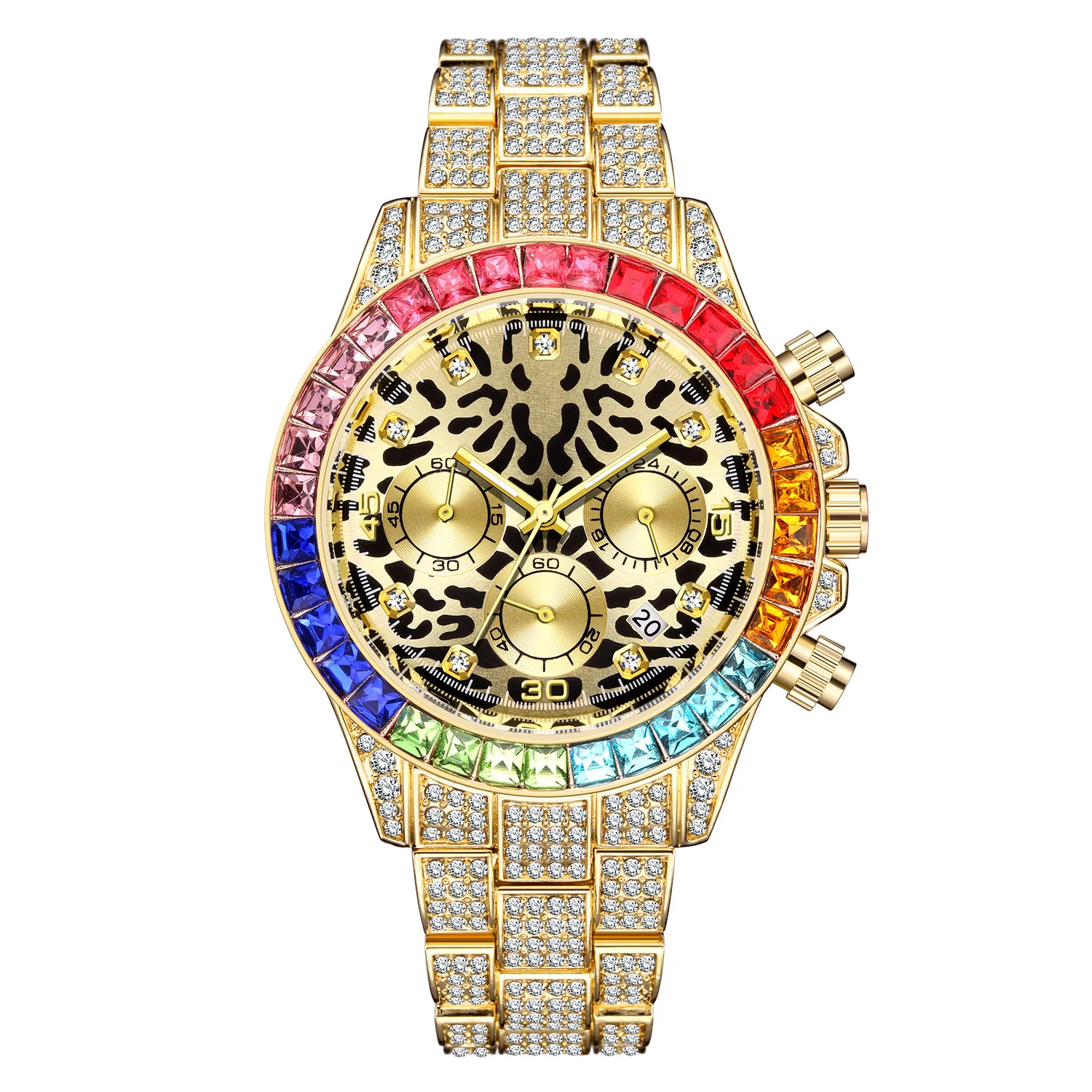 Custom Logo Leopard Timepieces Wrist Full Diamond Gold Men Jewelry ...