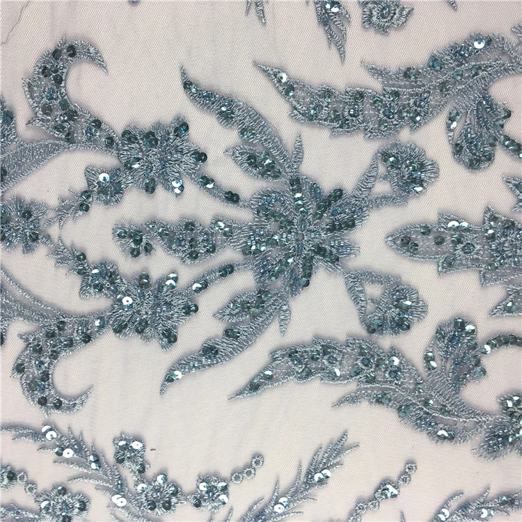 Sky Blue Embroidery Sequin Beaded Lace Fabric for Gowns