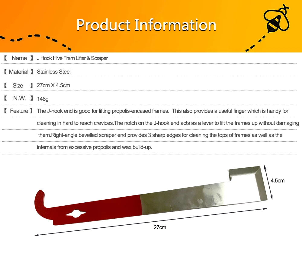 Stainless Steel J Hook Frame Lifter & Scraper Hive Tool