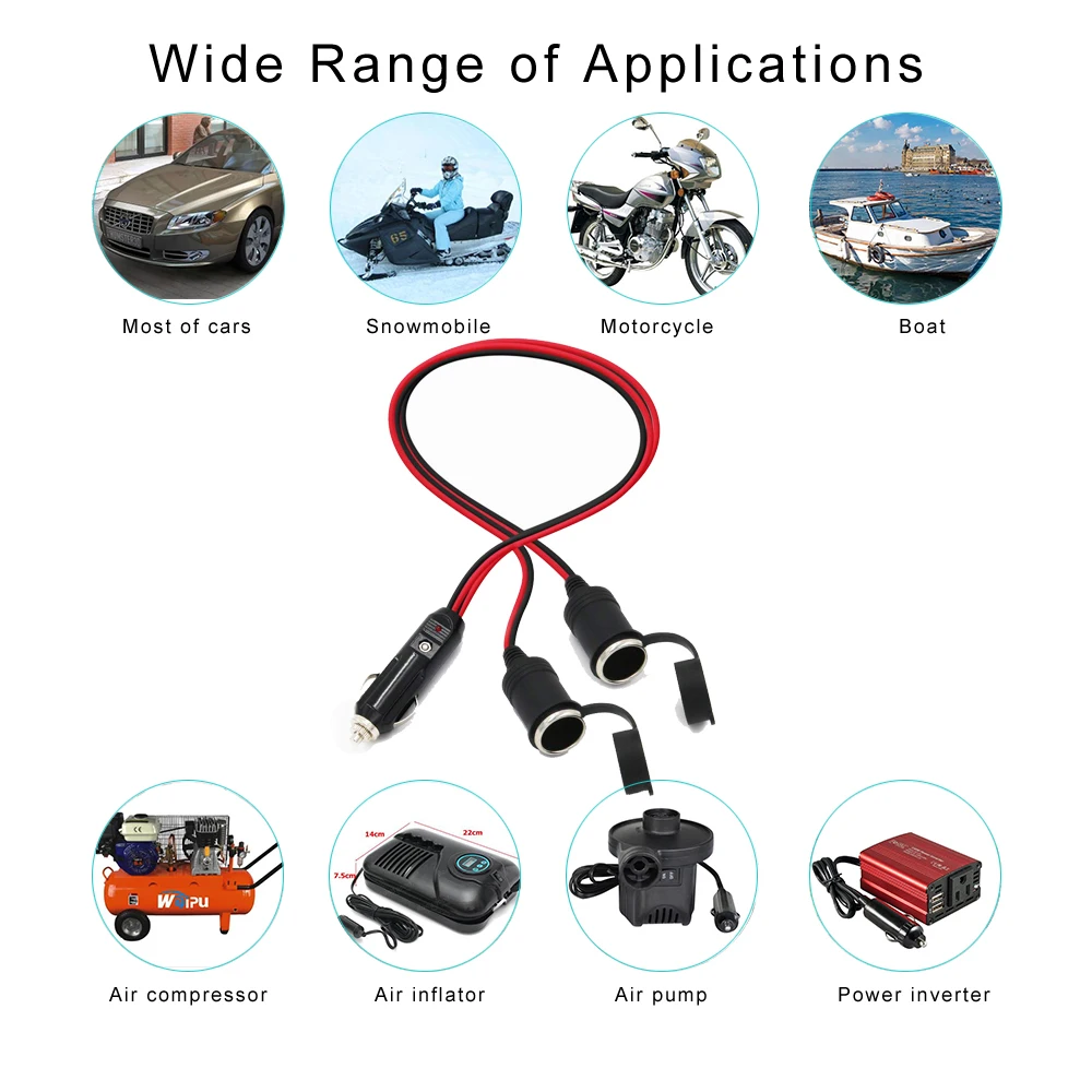 2 in 1 Female Port Cigar Plug Aux Dual Splitter Socket Cable 12V 24 ...