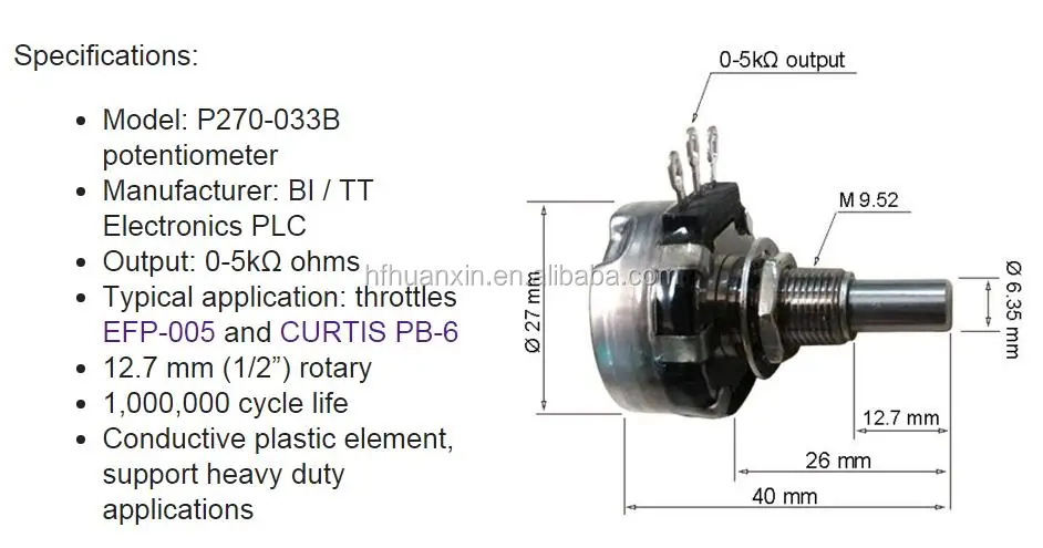 BI 3-Wire P270-033B Potentiometer 0-5k for Accelerator