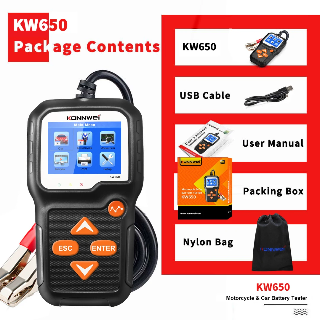 Konnwei Kw650 12v Obd Battery Tester For All Cars And Motorcycle - Buy ...