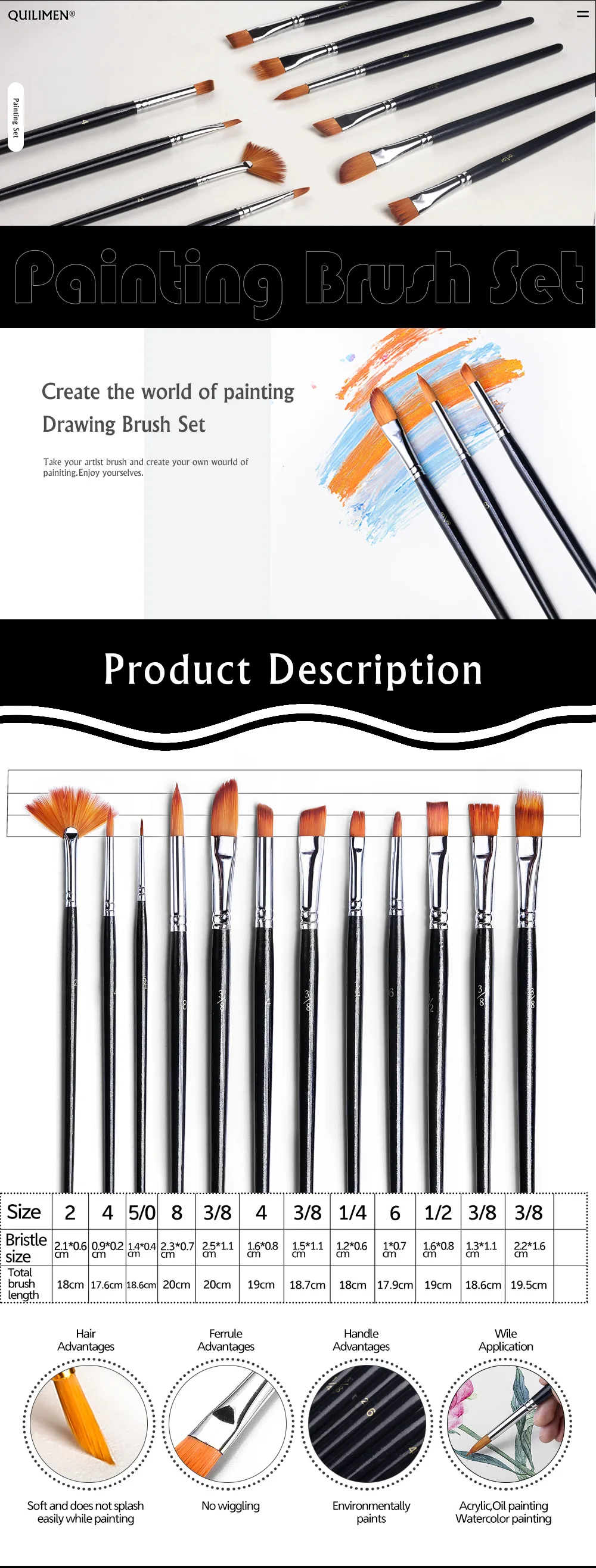 Paint Brushes 12 Set Professional Paint Brush Round Pointed Tip Nylon ...