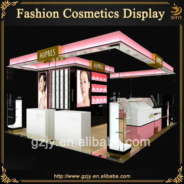 High Grand Makeup Kiosk Design With Glass Showcase And Cosmetics Rack ...