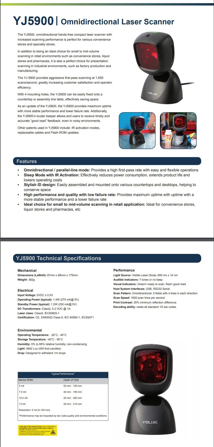 Honeywell Youjie Yj5900 1d Laser Desktop Usb Wired Handfree Automatic ...