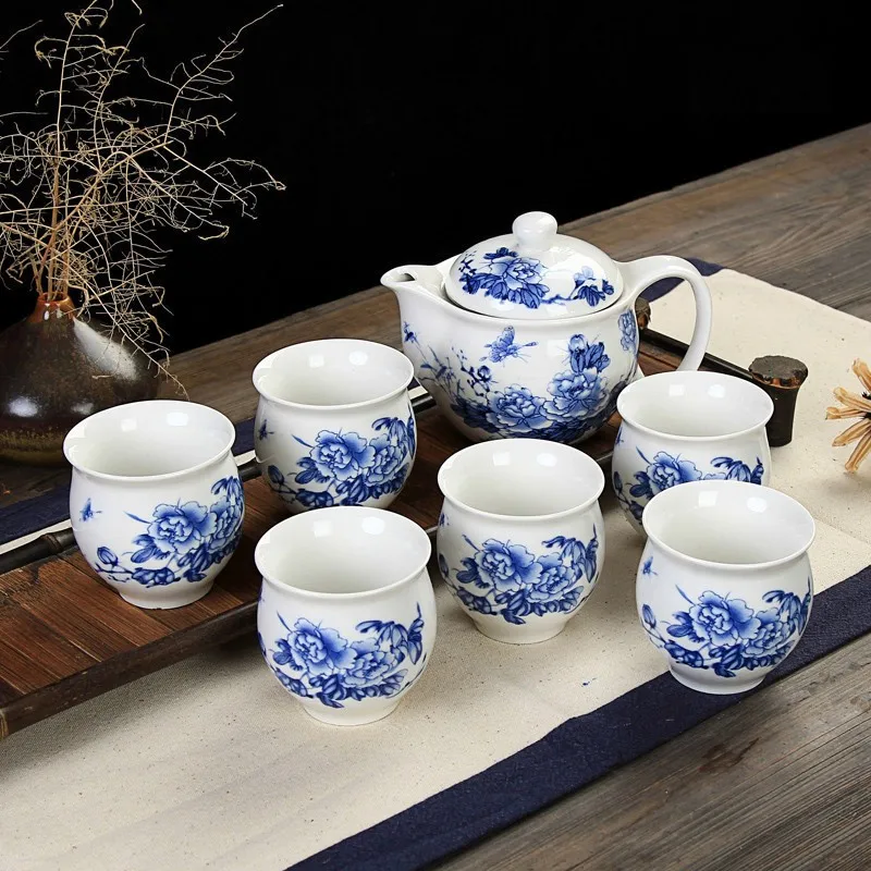 7 Pieces Blue And White China Flower Ceramic Tea Set,Teapot And Double ...