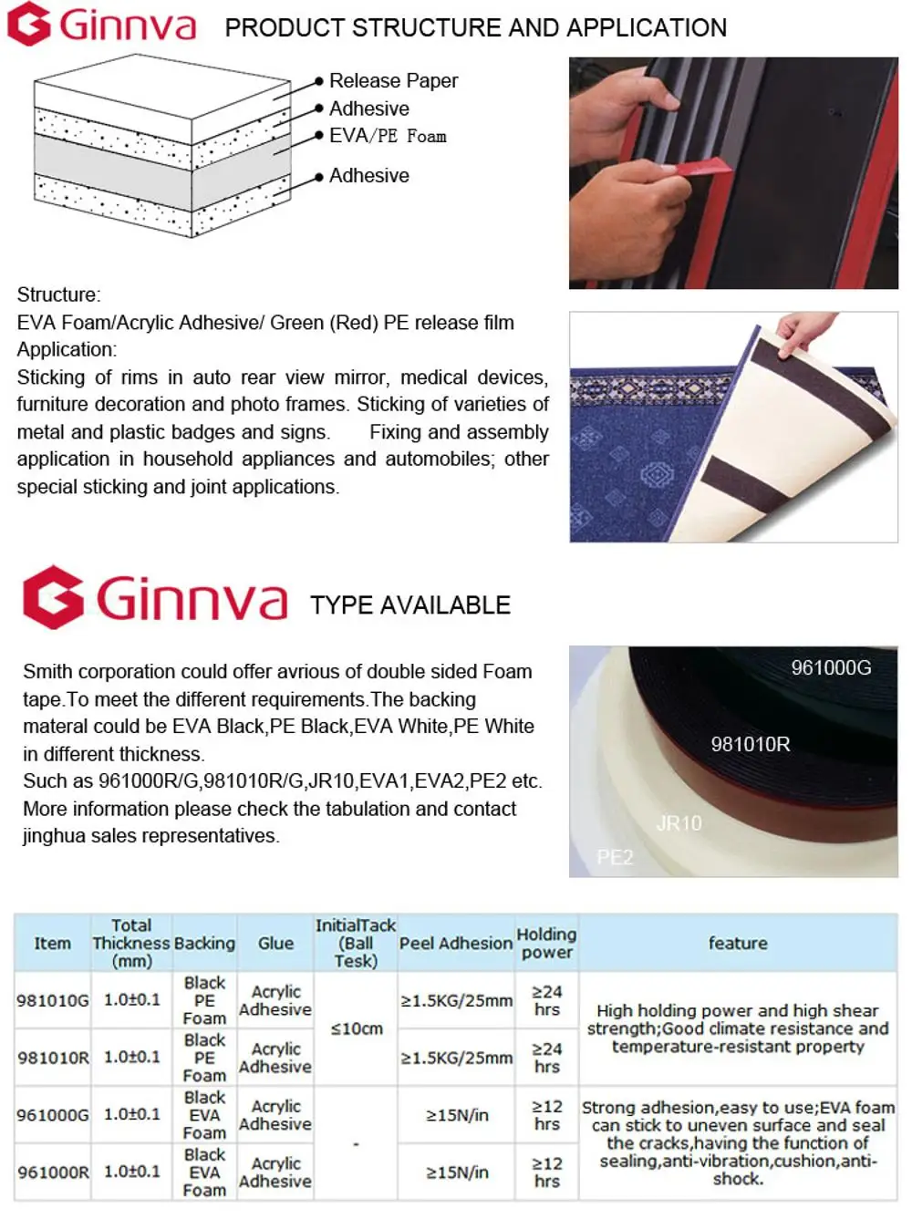 Ginnva Double-Sided Black Foam Tape with Green Release Liner