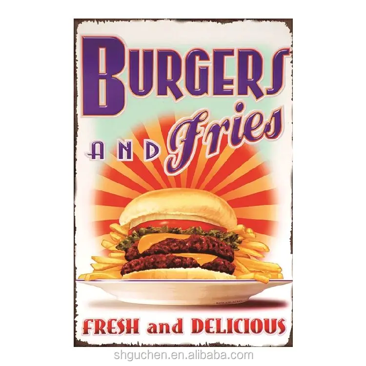 Burgers And Fries Fresh Delicious Vintage Tin Sign Decor Wall Cafe Bar ...