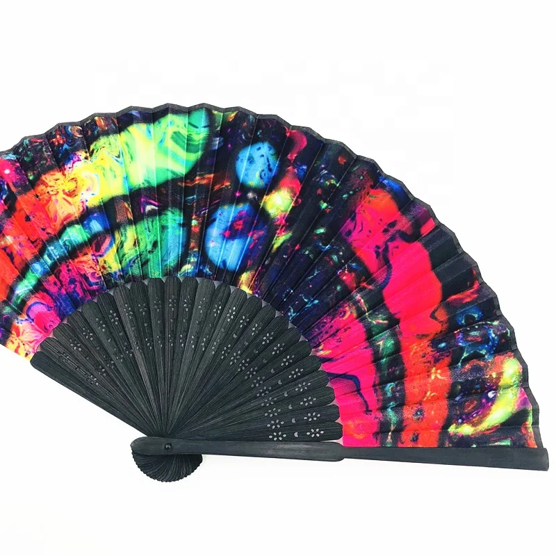 Fancy Black Bamboo Rib Polyester Hand Fan With Logo Custom - Buy Ladies ...