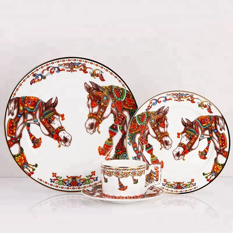 Arabic Royal Ceramic Horse Dinnerware Plates Set Luxury Porcelain