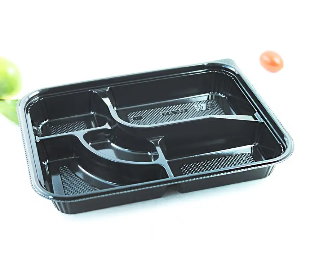 Plastic Disposable Lunch Box With 5 Compartment Black Color Takeaway ...