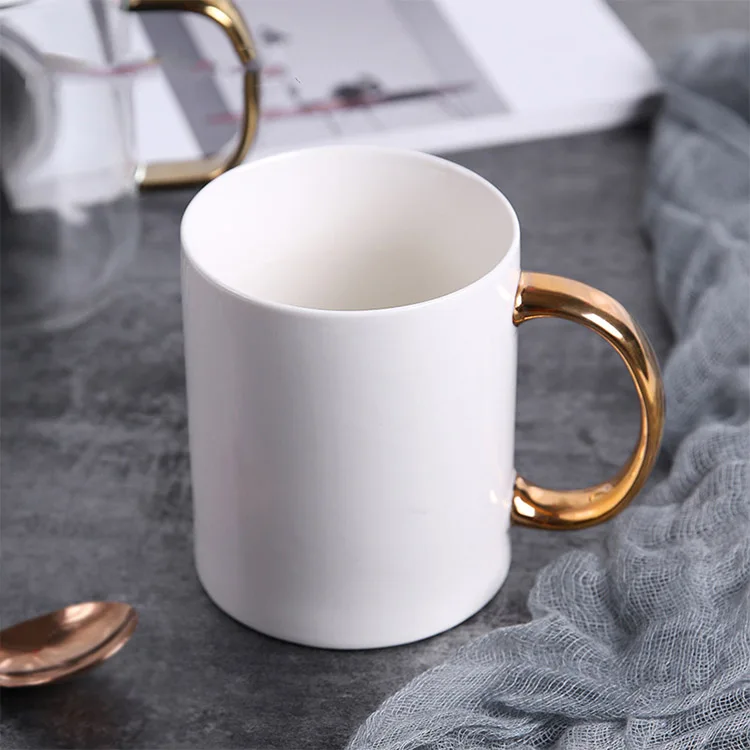 White Ceramic Coffee Mug Plating Gold Handle Mugs Creative Milk Cup Tea ...