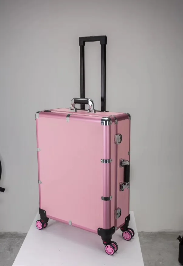 Pink Aluminum Makeup Trolley Case with Mirror Light Professional Makeup ...