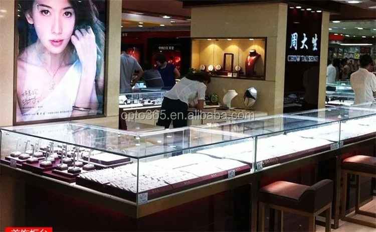 Gold Jewelry Shop Furniture Shop Glass Display LED Lights