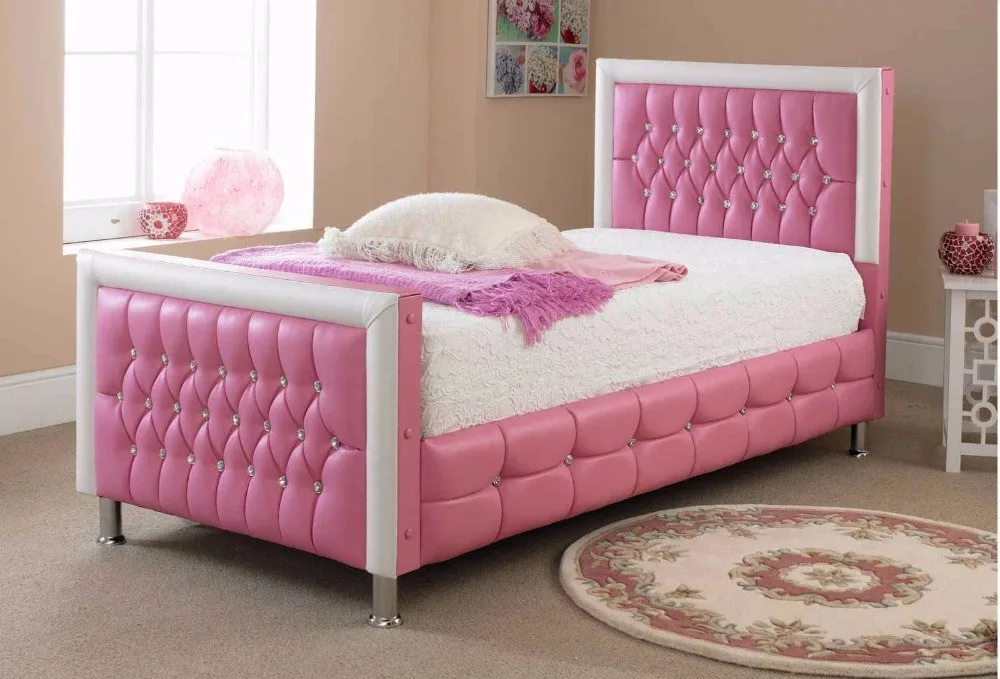 Girl Style Pink Leather Bed Design Diamond Leather Bed For Kids With ...