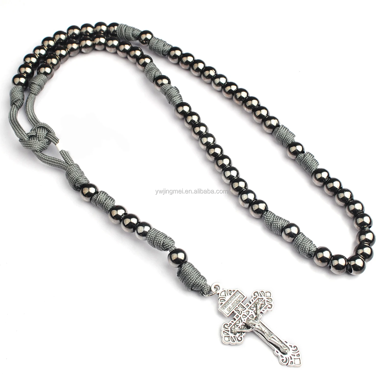Men's Gun Black Plated Beads Rosary Necklace - Kingme Jewelry