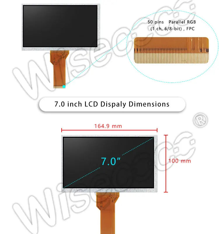 50 Pin Connector LED Display Panels 7 Inch 800*480 TFT LCD Display for ...