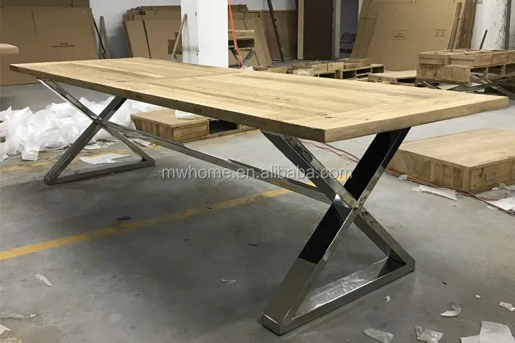 Reclaimed Wood And Stainless Steel Cross Leg Dining Table - Buy ...