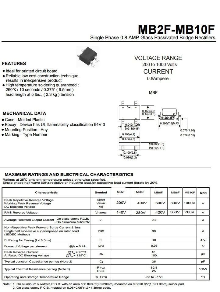 Mbf Package Smd Bridge Rectifier Diode Silicon Mb10f 0.8a 1000v 6.8*4.8*1.5 Datasheet Tailaimu ...
