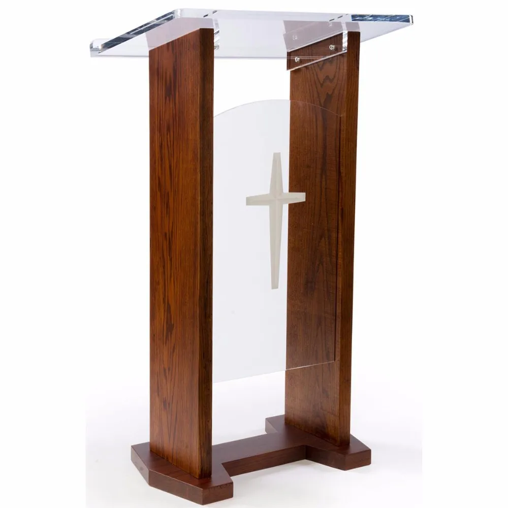 46.5" Tall Clear Acrylic Podium Cross Front Panel Dark Oak Wood Church ...