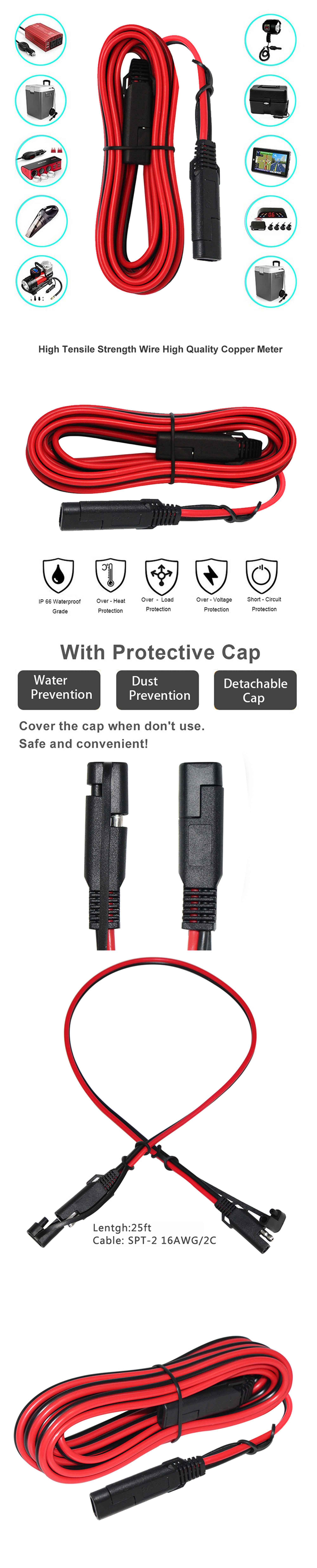 12v 24v 2pin Waterproof Spt2 10awg Sae Extension Cable Cord Dc Power ...