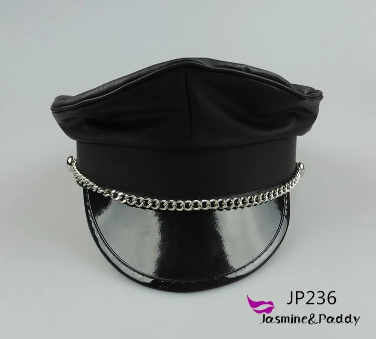 Black Leather Chain Police Officer Military Hat Service Cap - Buy ...