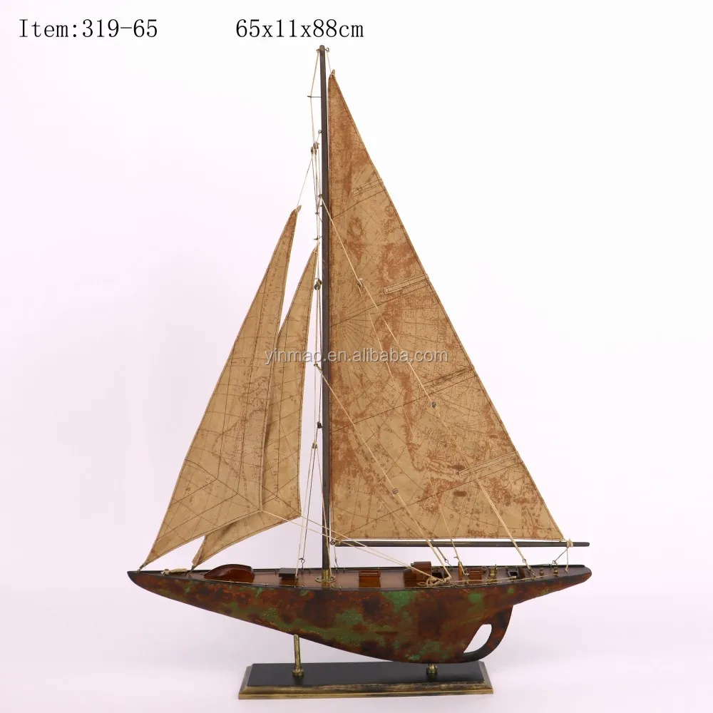 Antique Rusty Wooden Sailing Ship Model, 65x11x88cm , Map Printed Sail ...
