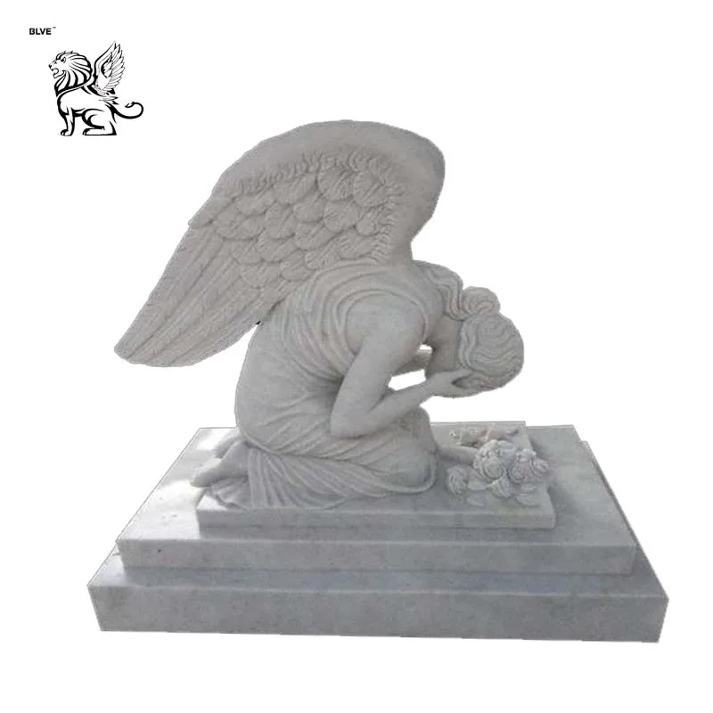 Large White Marble Kneeling Weeping Angel With Wing Headstone Statue ...