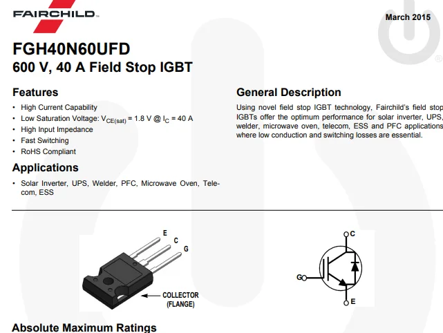 40N60 Transistor FGH40N60UFD IGBT - 600V 80A 290W Original