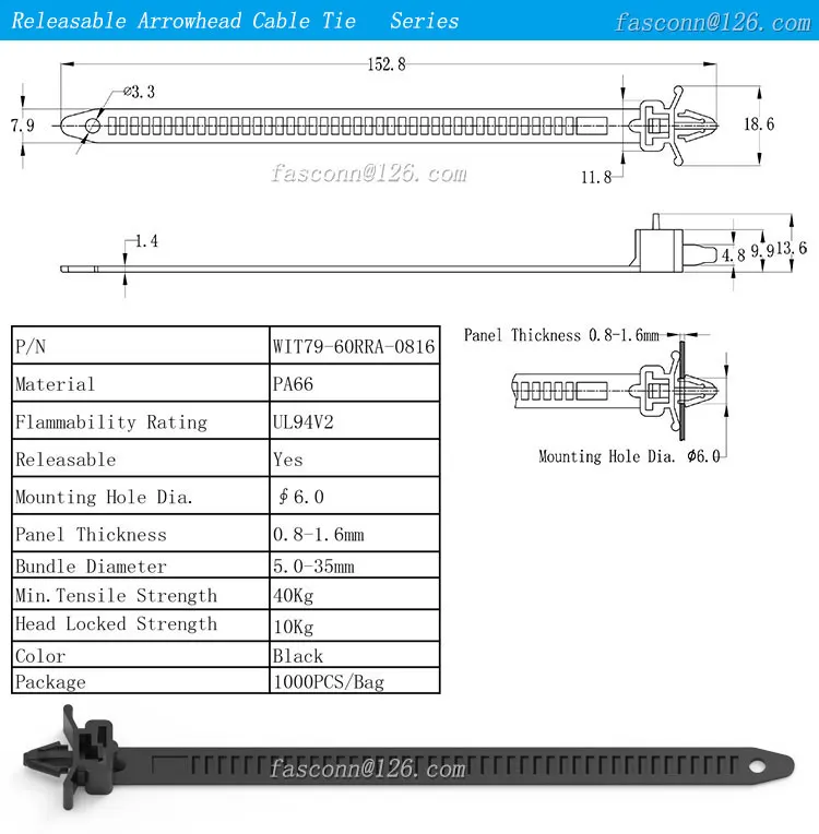 Releasable Arrowhead Push Rivet Mount Automotive Cable Ties