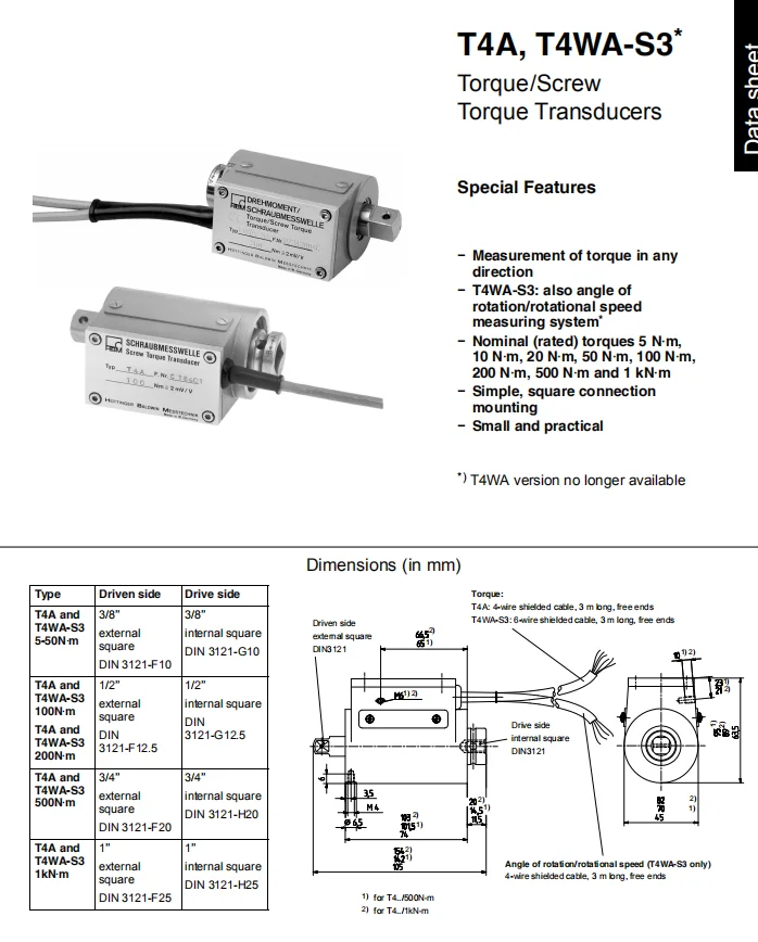 HBM T4A Torque Transducer: Compact and Reliable Torque Sensor, 5-1000Nm ...