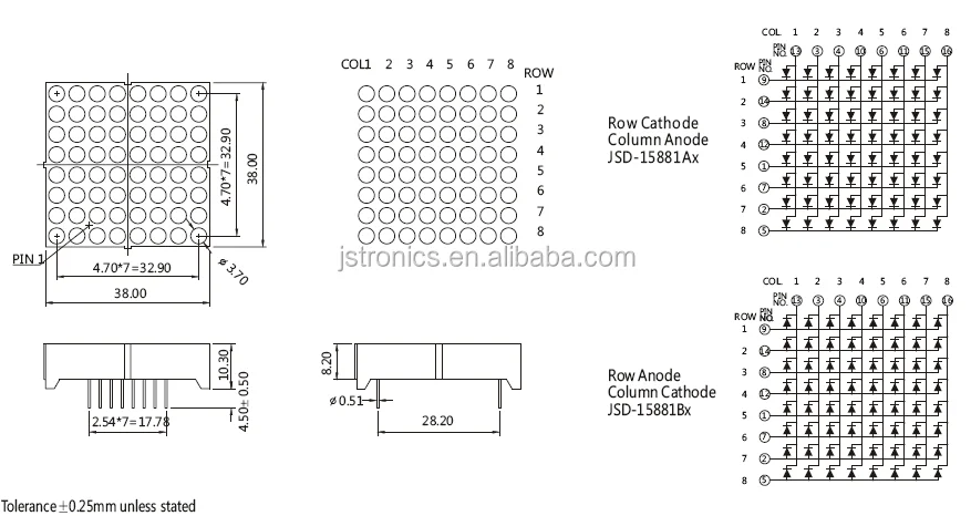 1.5 Inch 8x8 Red/blue/white Led Dot Matrix Display 3.7mm 38*38mm Size ...