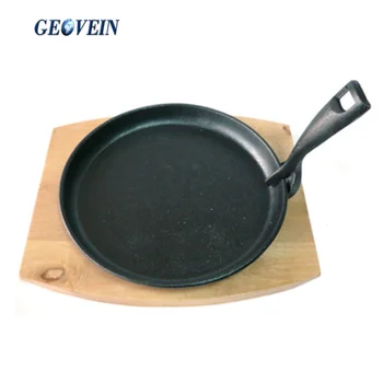 Cast Iron Round Skillet Hot Plate Frying Pan Sizzling Plate With Wooden ...
