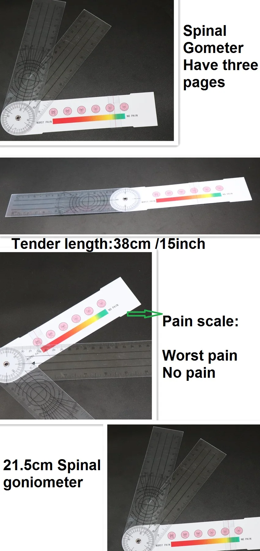 Spinal Goniometer with Pain Scale Ruler - Bone Measuring Tool