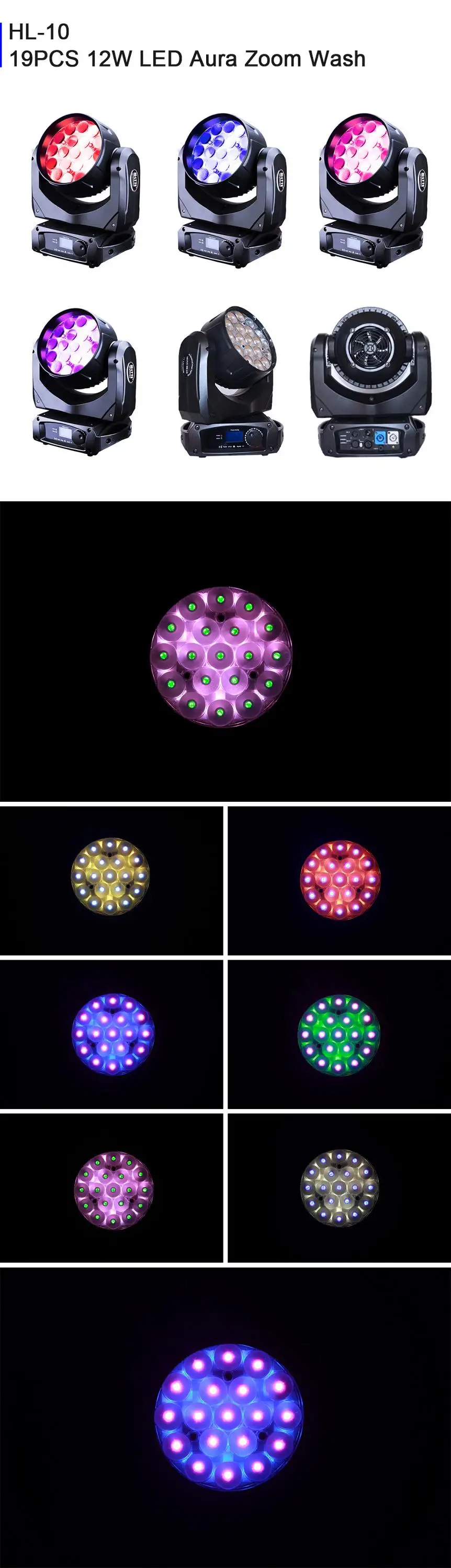 RGBW 19 X 10W LED Zoom Beam & Aura Moving Head Stage Lighting