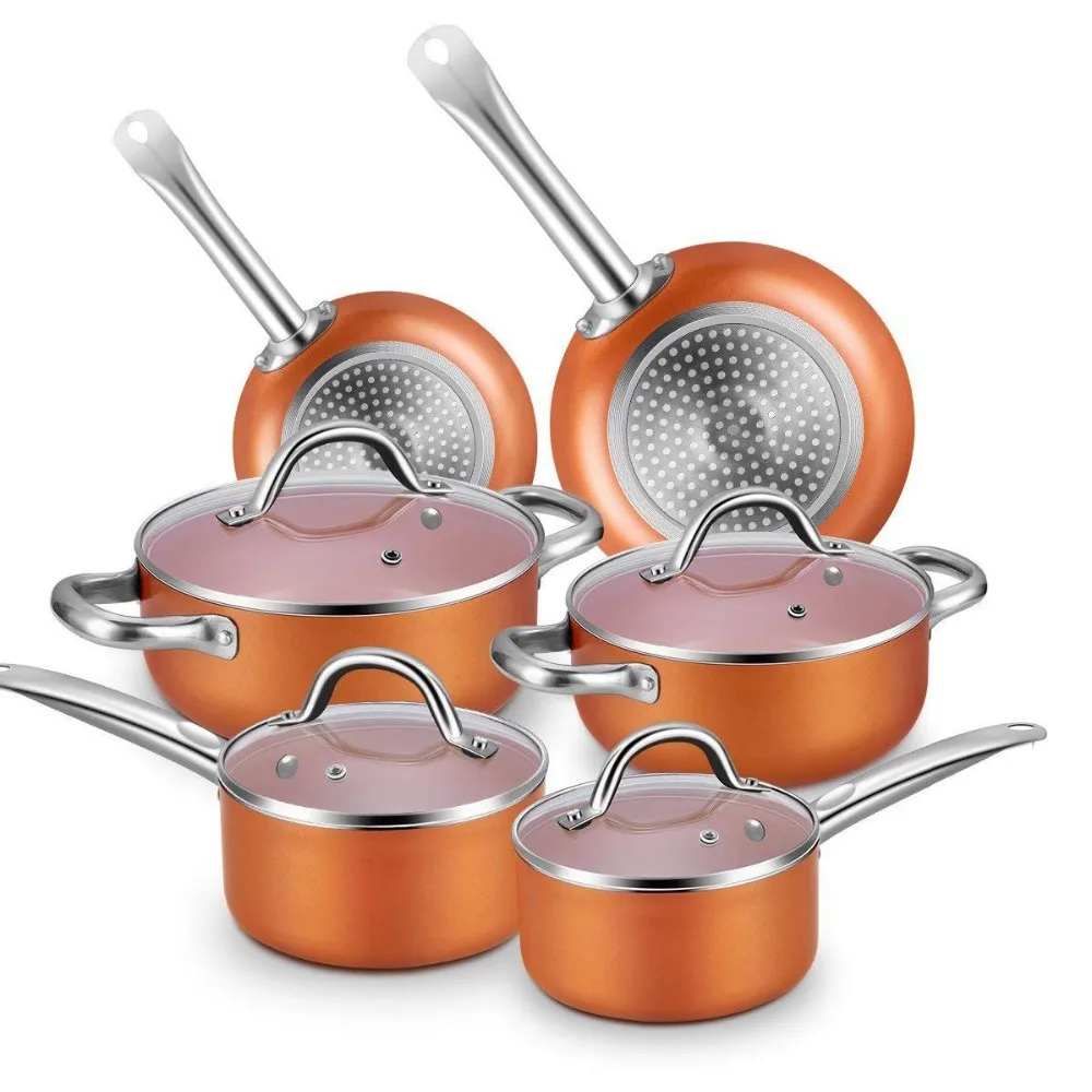 10 Pcs Copper Ceramic Coating Pan Aluminum Nonstick Cookware Set - Buy ...