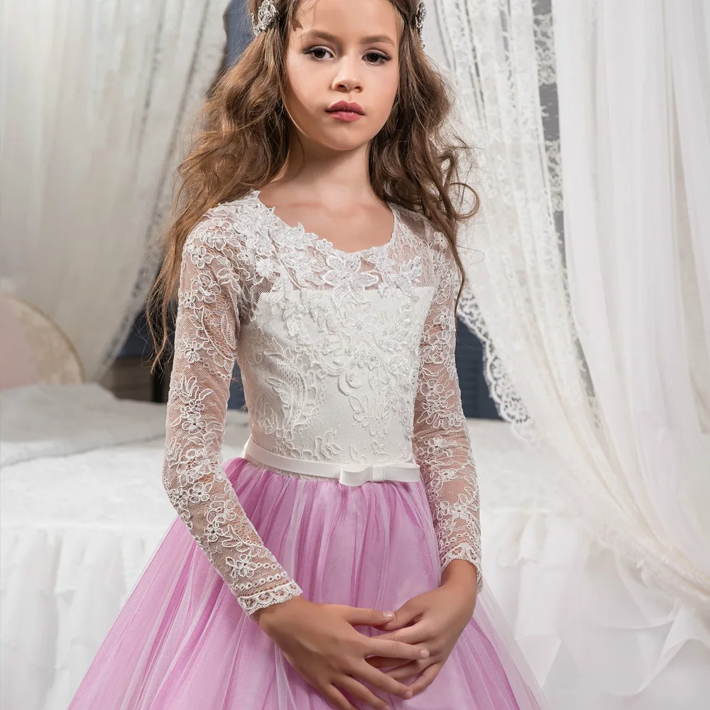Long Sleeve Lace Embroidery Floral Children’s Wedding Dress