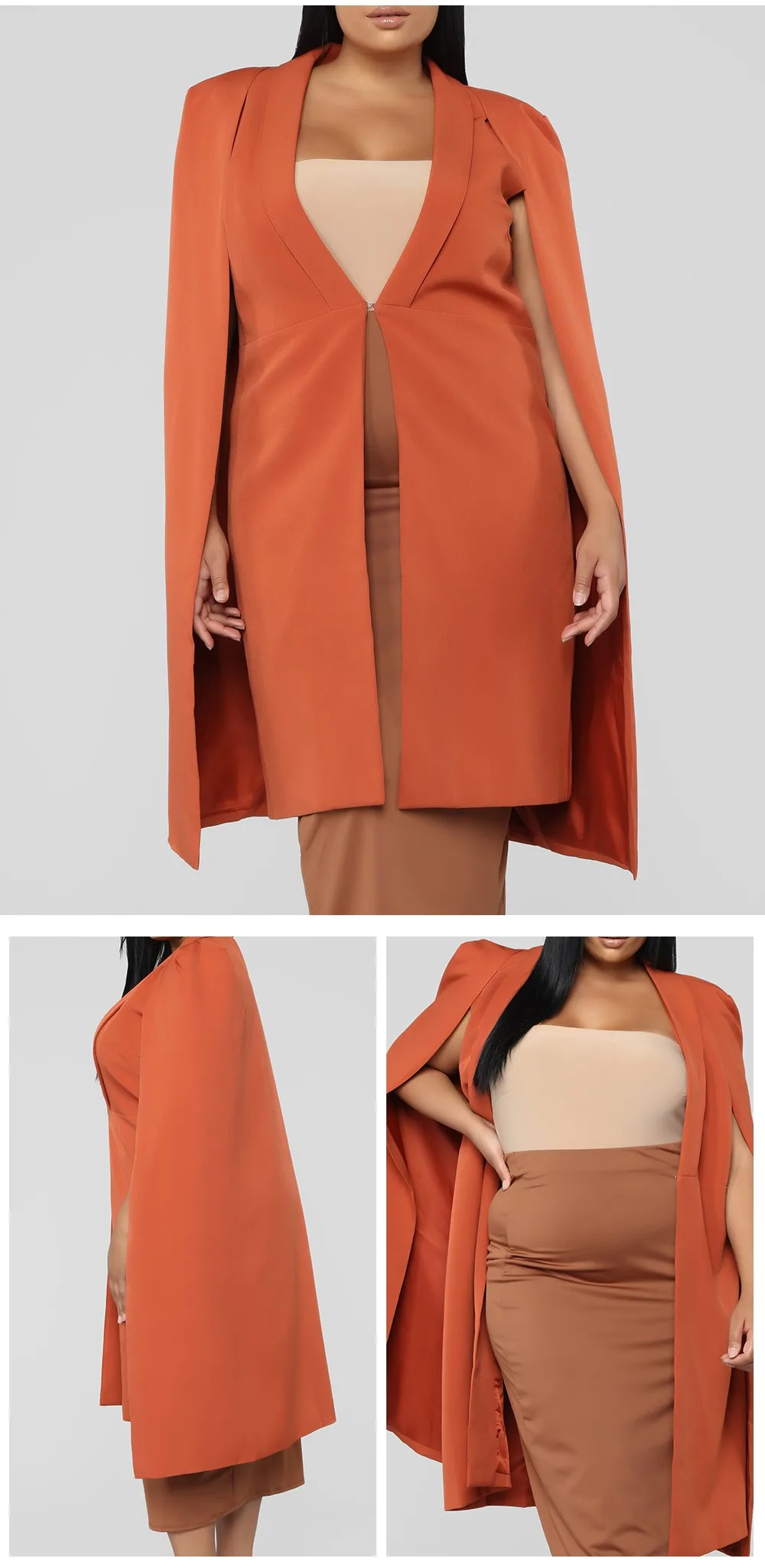 Women's Jacket With Button Closure Hem Long Trench Orange Cloak Wool ...