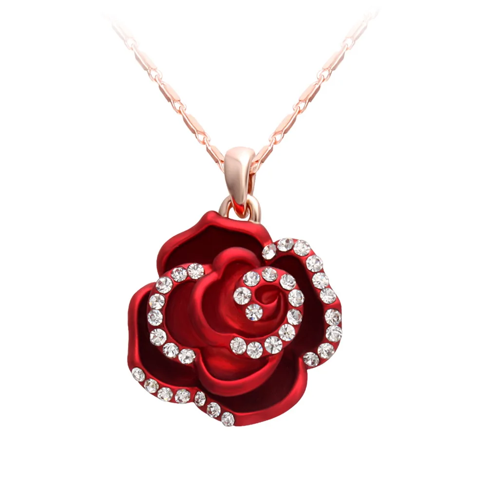New Popular Rhinestone Red Rose Pendant Rose Simple Gold Plated Chain ...