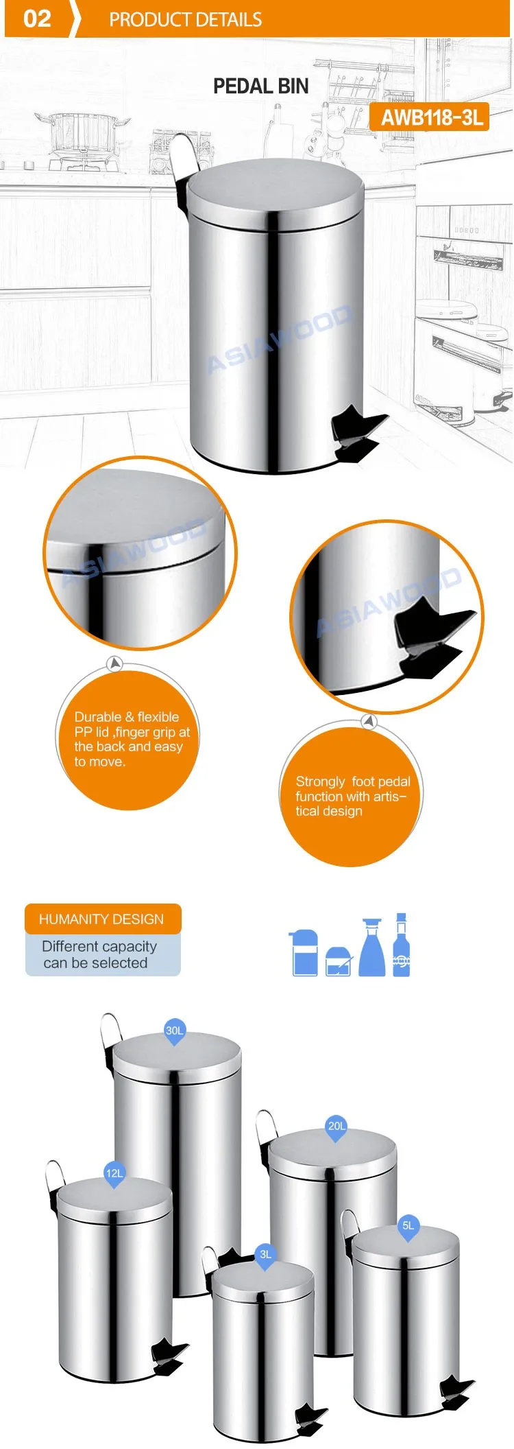 Metal Dust Bin For Kitchen 3l/5l/12l/20l/30l Pedal Bin With Soft Close ...