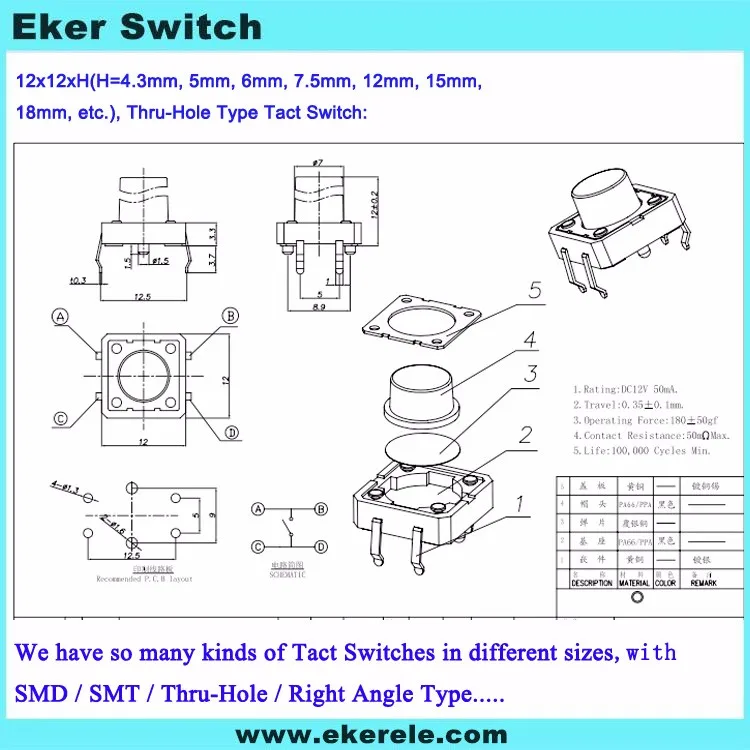 12x12 Touch/push Button Micro Switch Smd/thru-Hole by Eker