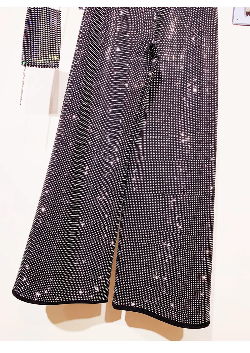 2019 Trendy Runway Beading Rhinestone Pants With Belt Women High Waist ...